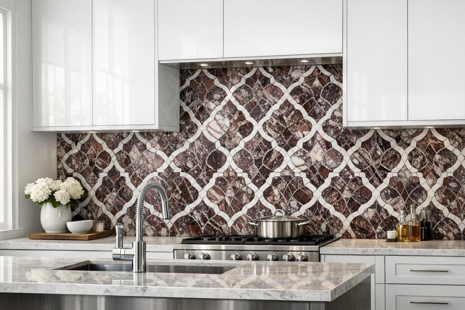 Elevate Spaces with Diamond Maroon Lake Marble Waterjet Mosaics ...